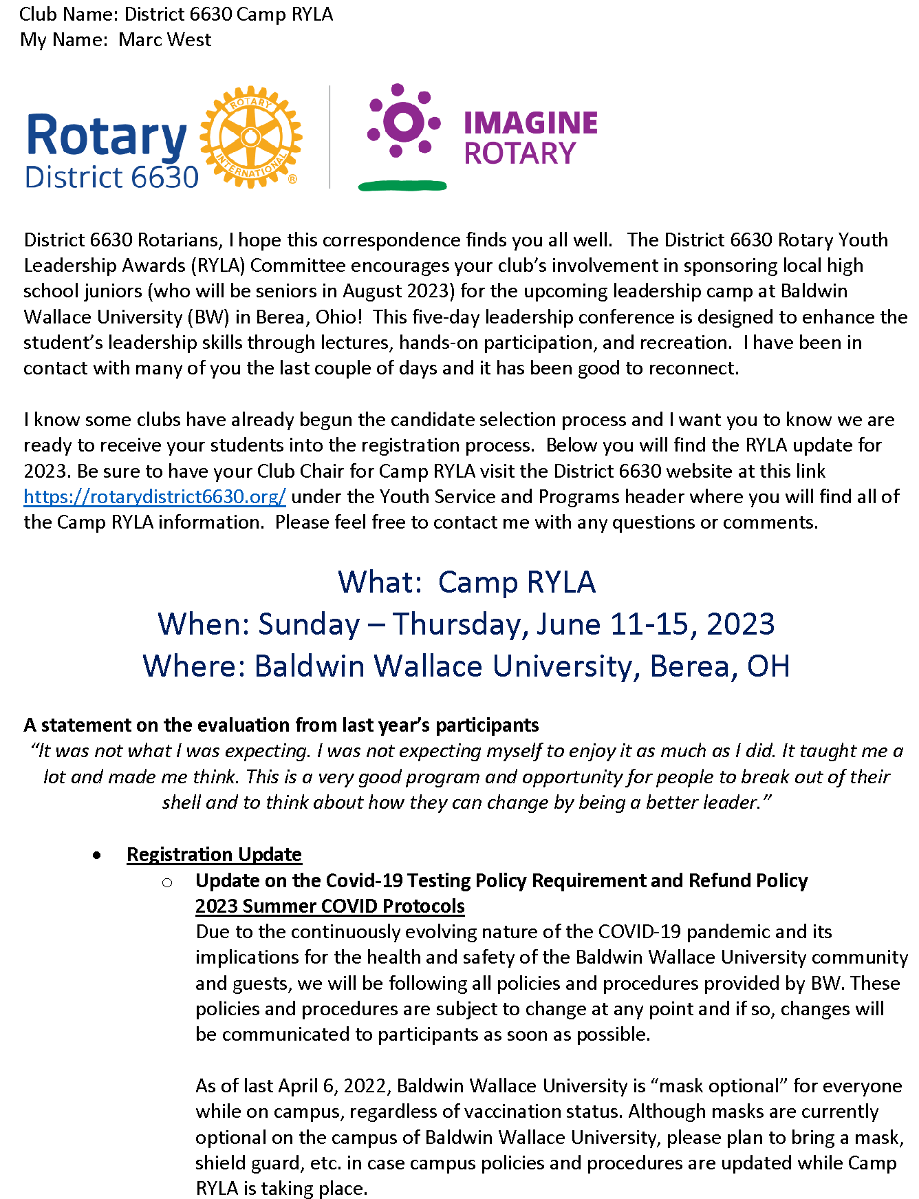 CAMP RYLA - TIME TO REGISTER | District 6630
